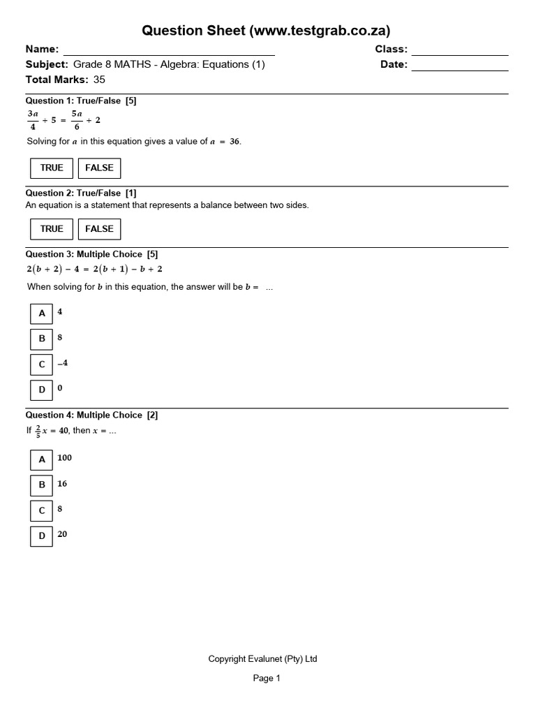 Grade 8 MATHS - Algebra Equations (1) - Question Sheet (WWW - Testgrab ...