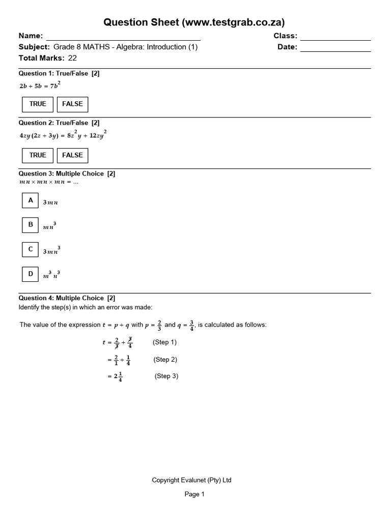 Grade 8 Algebra Test Questions | PDF | Applied Mathematics | Abstract ...