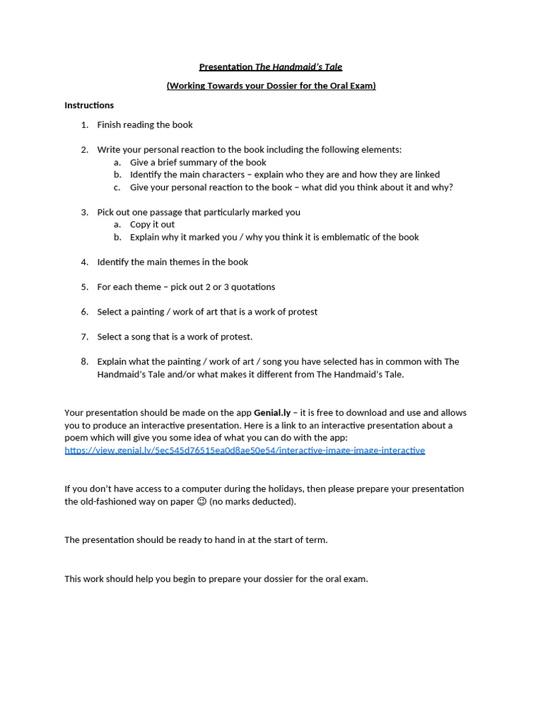 Handmaid's Tale Oral Exam Guide | PDF