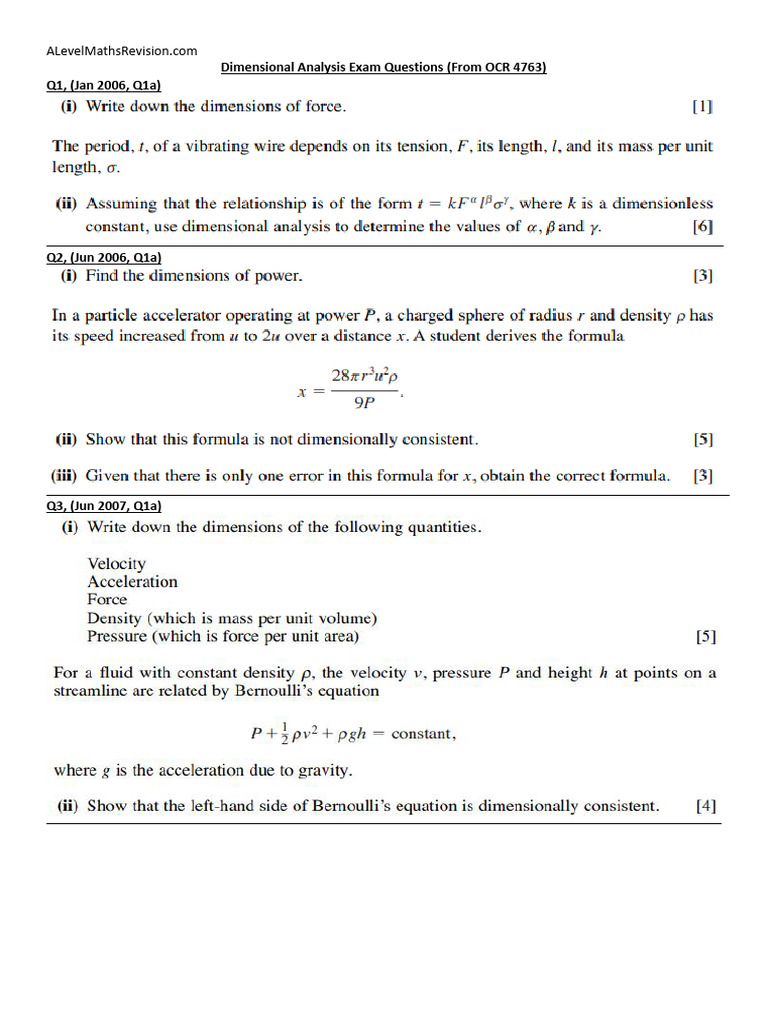 Dimensional Analysis Exam Questions | PDF