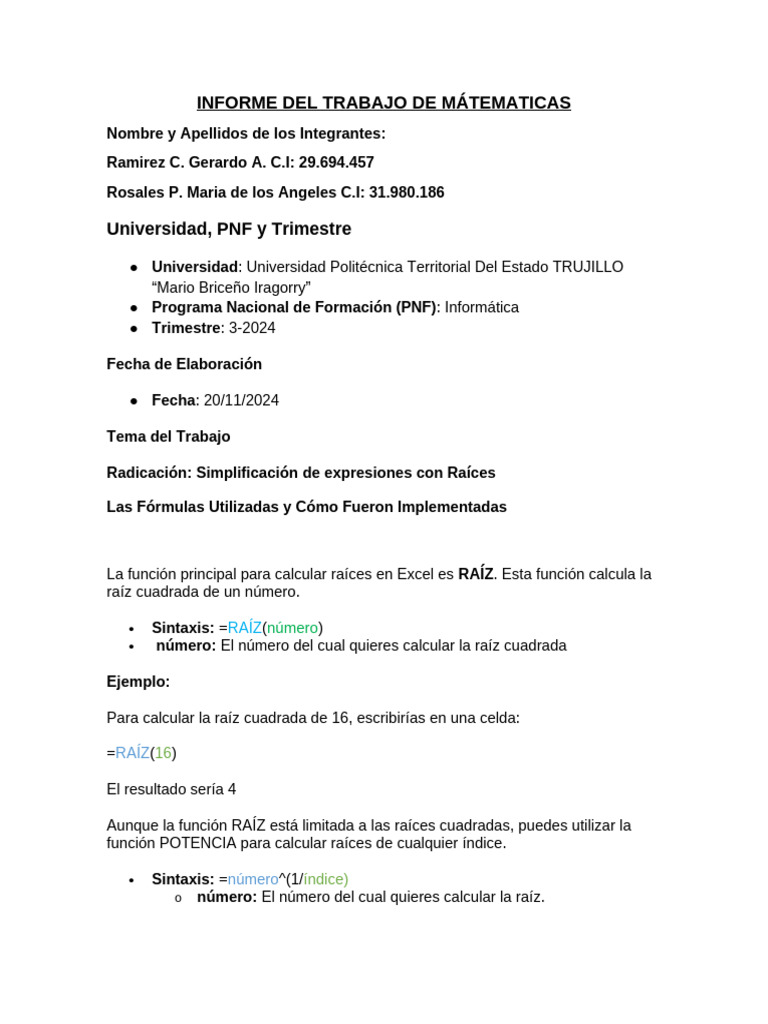 Informe Del Trabajo de Mátematicas | PDF | Microsoft Excel | Raíz cuadrada