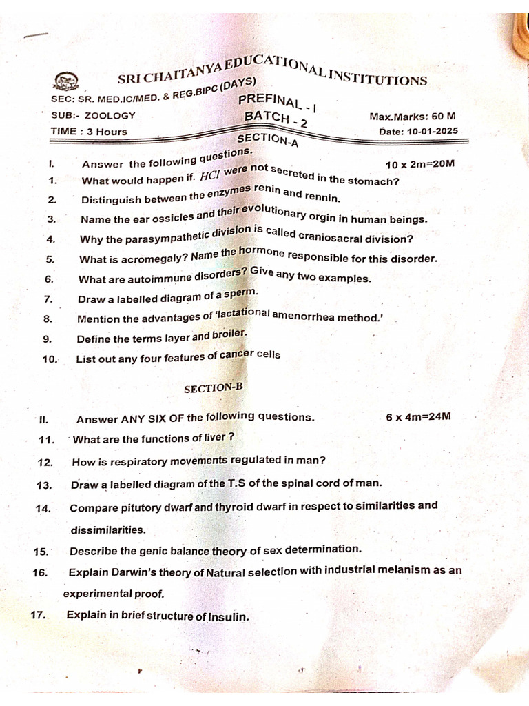 SR Zoology Prefinal Question Papers | PDF