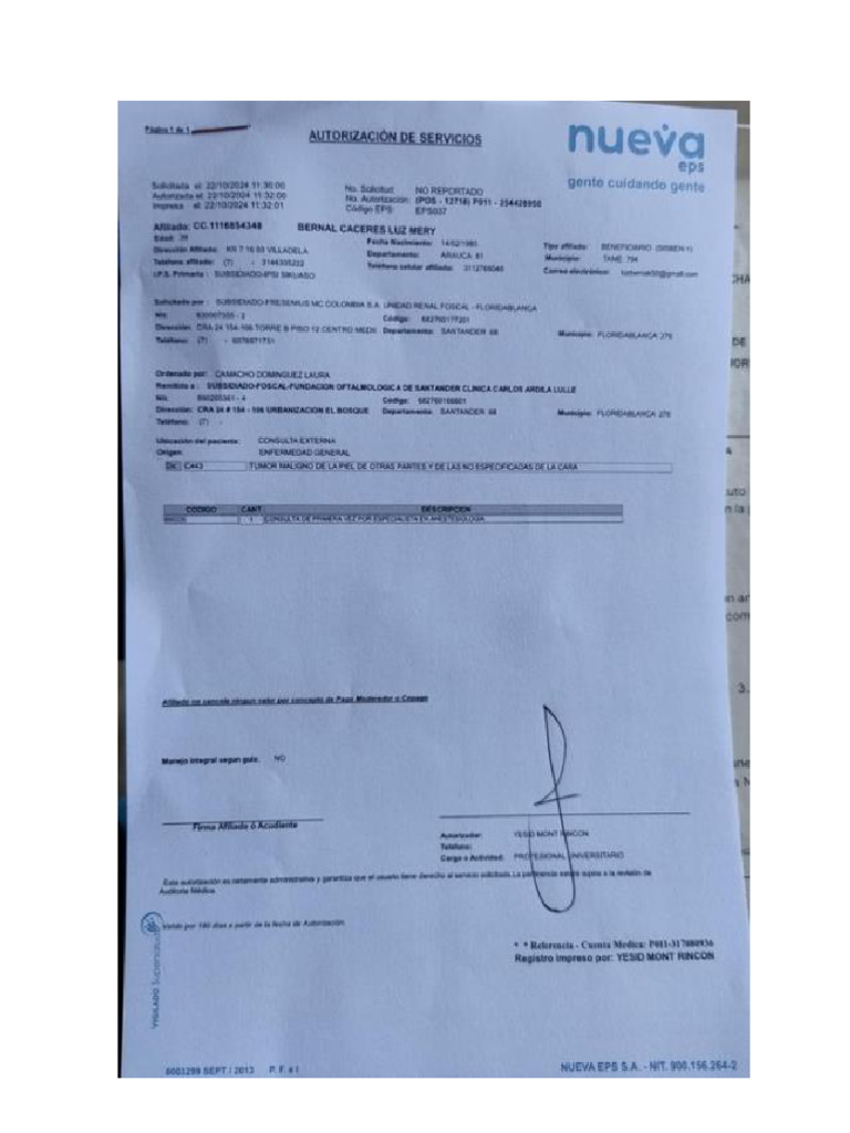 Autorizacion Nueva Eps Mery | PDF