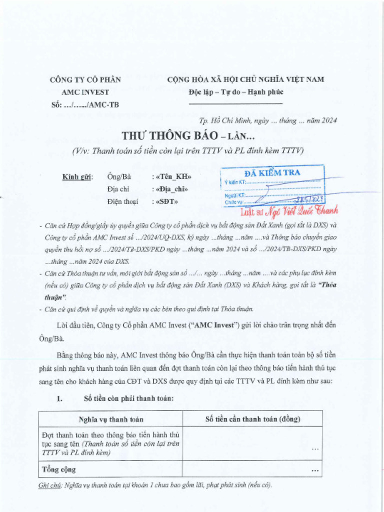 AMC - DXS - TB Dong Tien - KO VAY CHUA DU 95 - VPB THU HOI KHOAN VAY | PDF