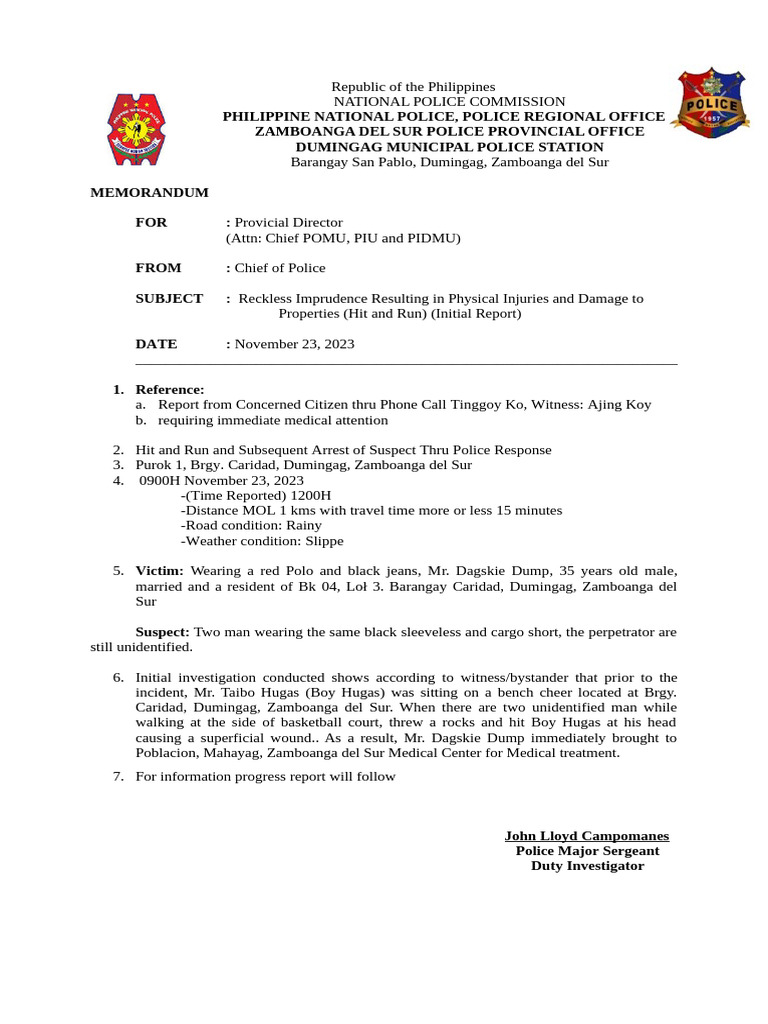 Hit and Run Initial Report - Dumingag | PDF | Crimes | Crime & Violence