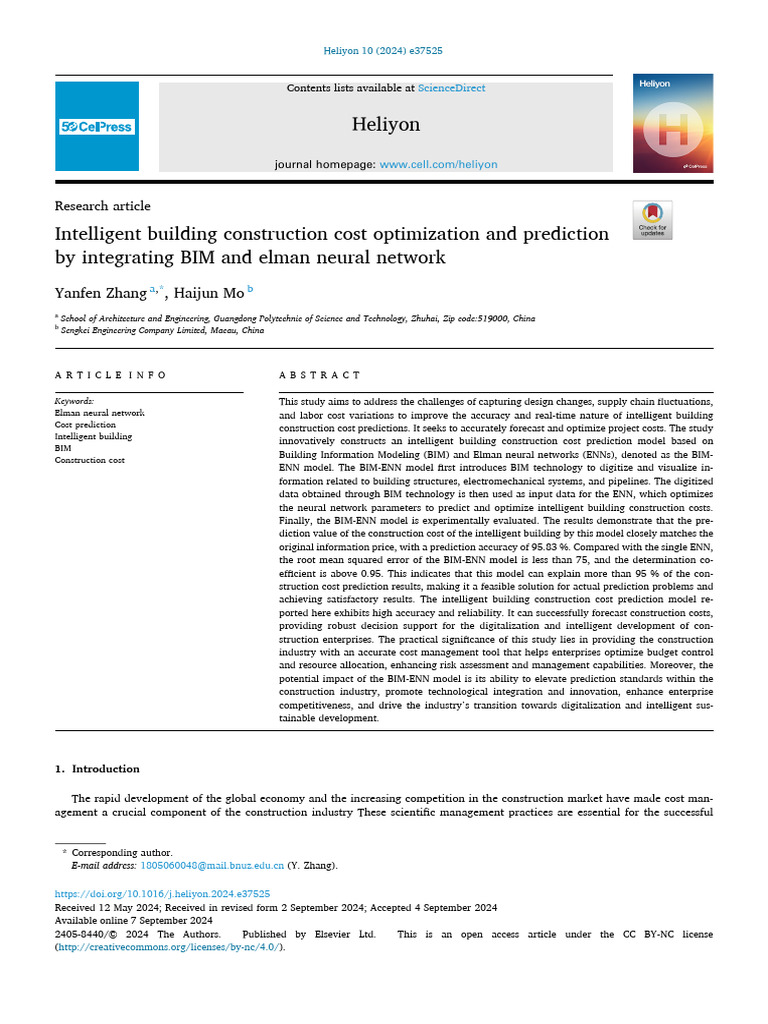 Intelligent Building Construction Cost Optimization and Prediction by Integrating BIM and Elman ...