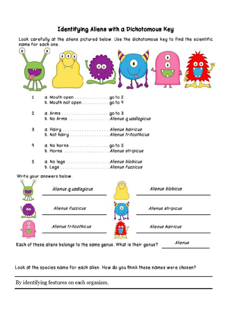 2b-Dichotomous Key Worksheet Answers - Aliens and Assorted Animals (1) | PDF