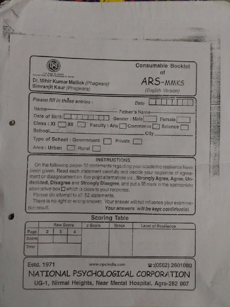 Academic Resilience Questionnaire Form | PDF | Psychology | Behavioural ...