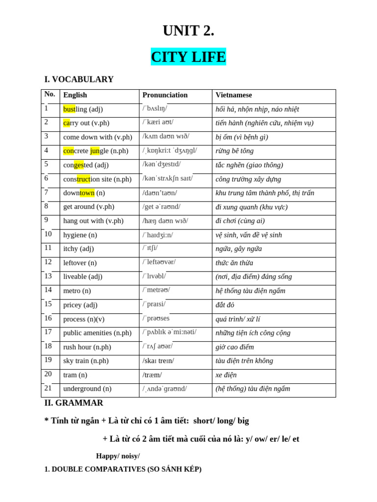 Tu Vung Va Ngu Phap Tieng Anh 9 Global Unit 2 CITY LIFE | PDF