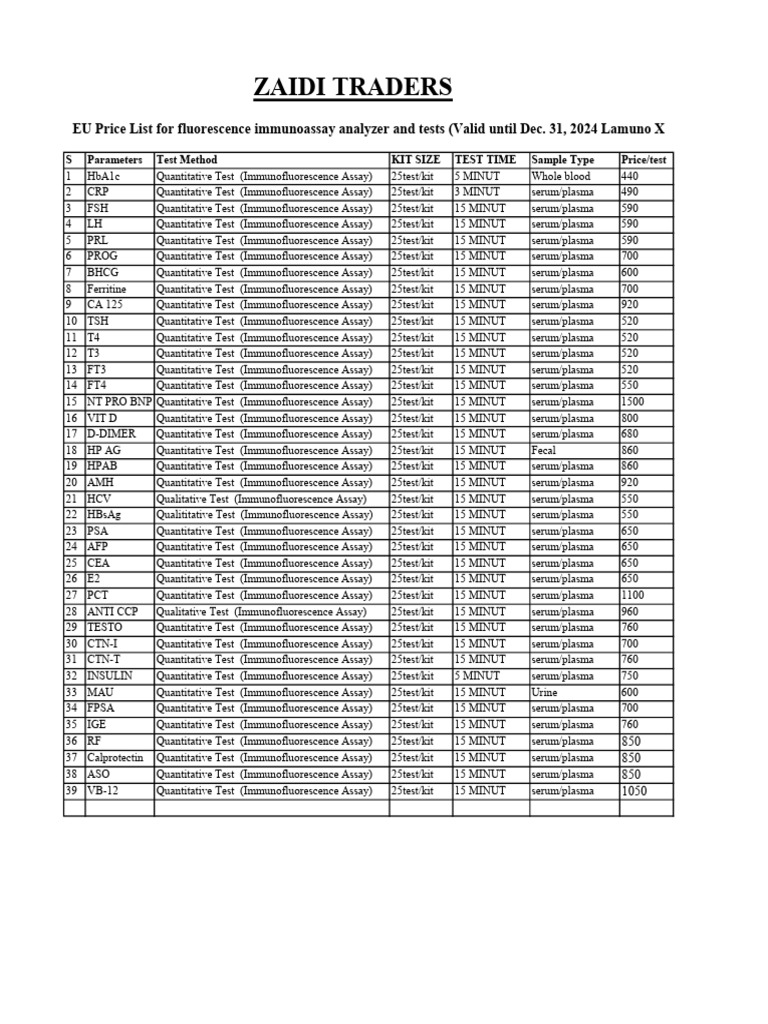 Prices For Lab 1st Jul, 2024 Lamuno X | PDF | Immunology | Blood