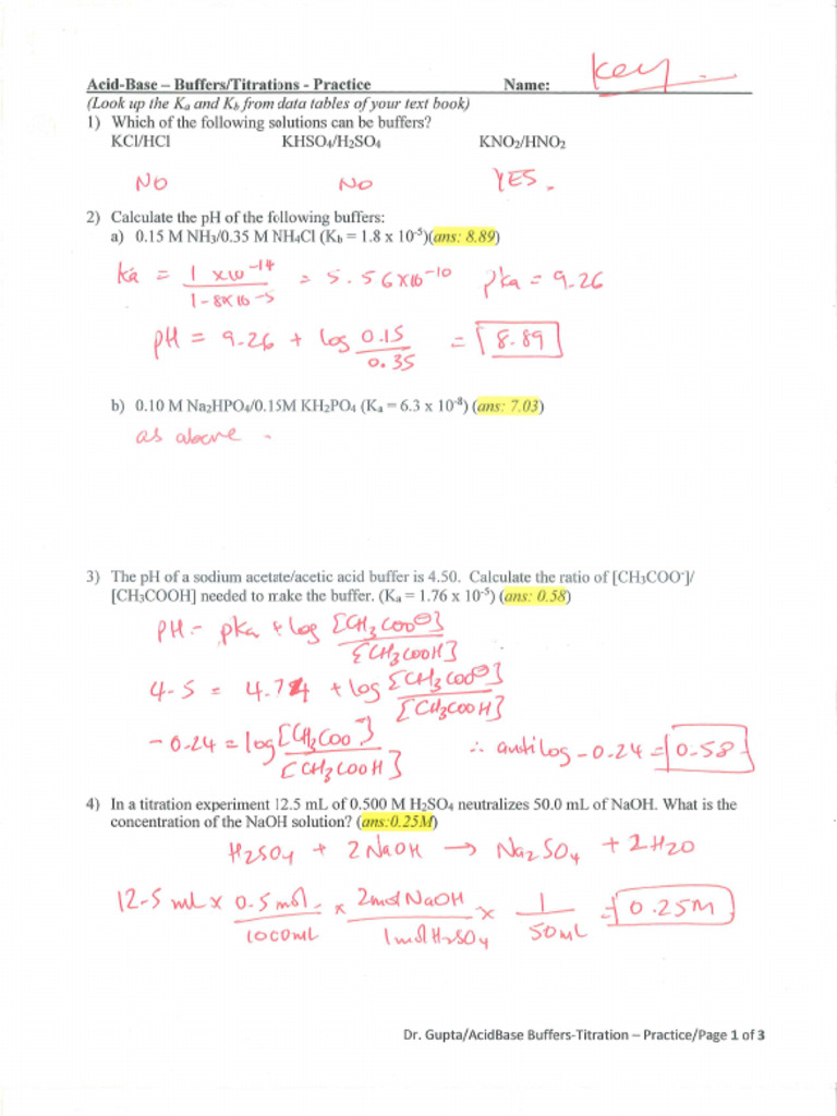 Worksheet16 02AcidBaseBuffersTitrationKey | PDF