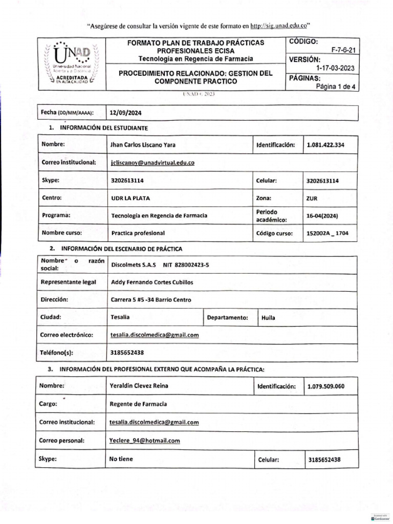 Anexo 2 - Formato Plan de Trabajo, Diligenciado y Firmado. | PDF