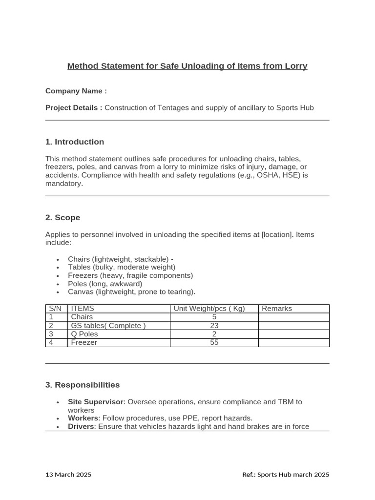 Method Statement For Safe Unloading of Items From Lorry 2 | PDF | Personal Protective Equipment ...