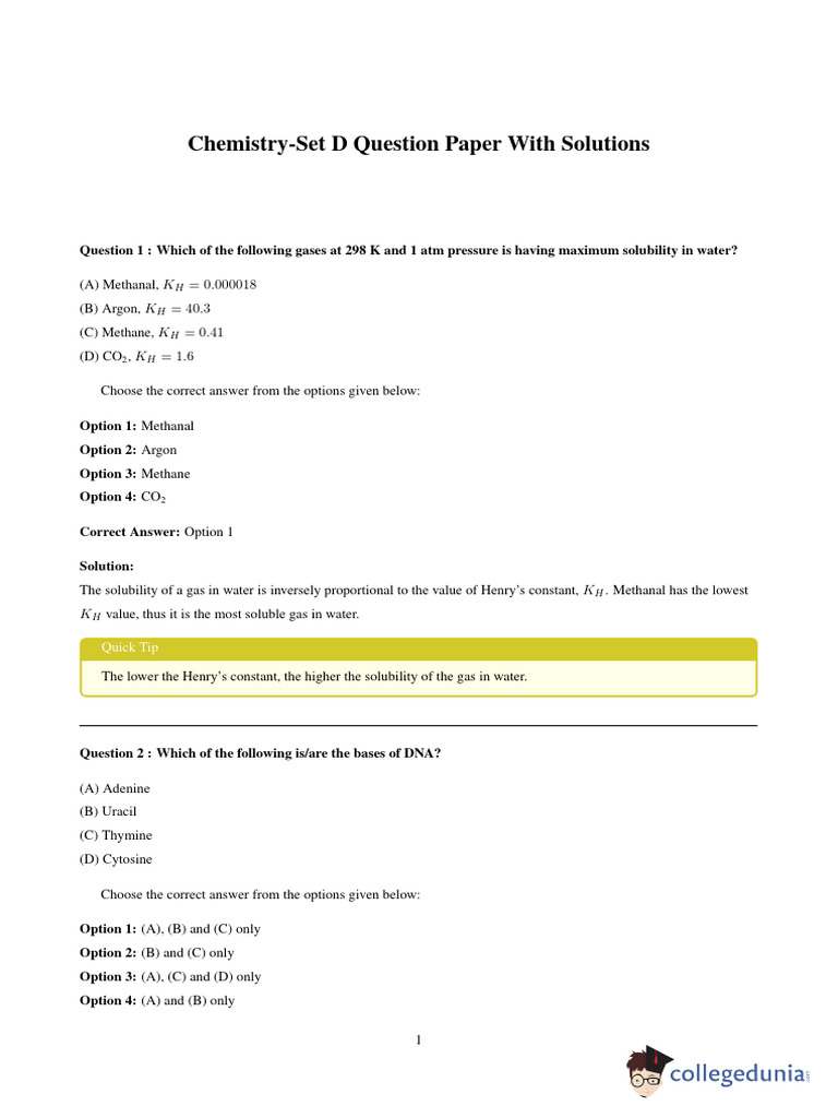 CUET 2024 Chemistry Set D Question Paper With Solutions | PDF ...