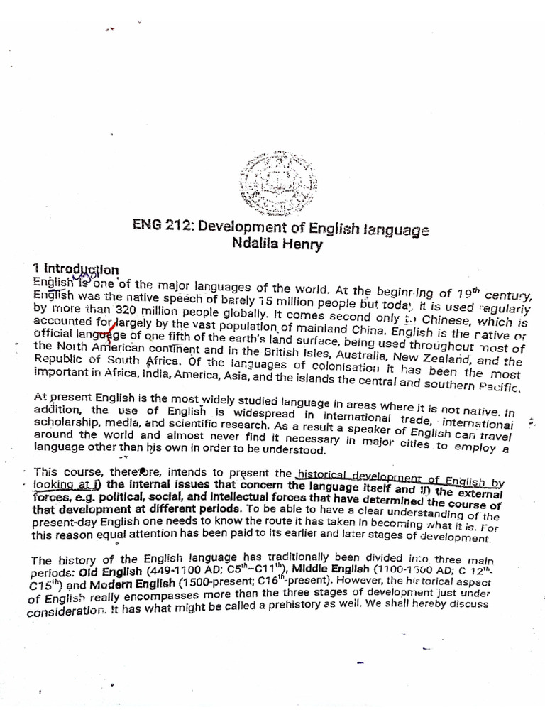 Eng 212 Development of English Language Notes | PDF