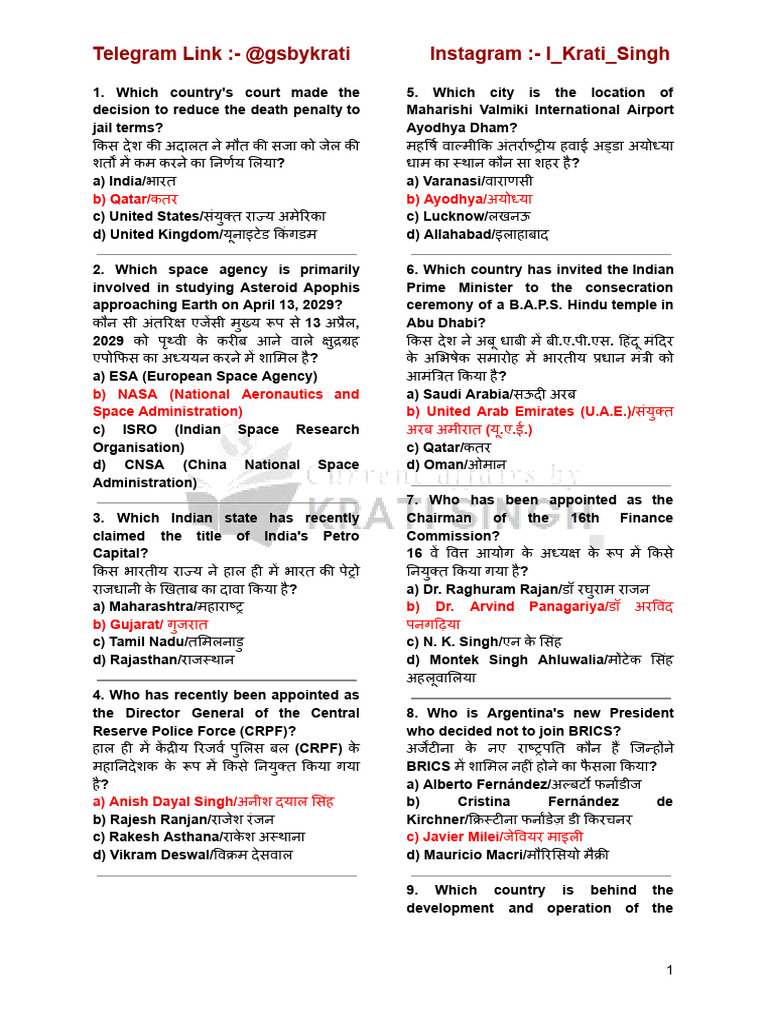 Jan to July 2024 Current Affairs MCQs | PDF