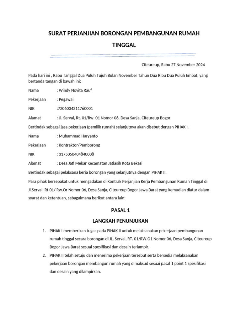 Surat Perjanjian Borongan Pembangunan Rumah | PDF