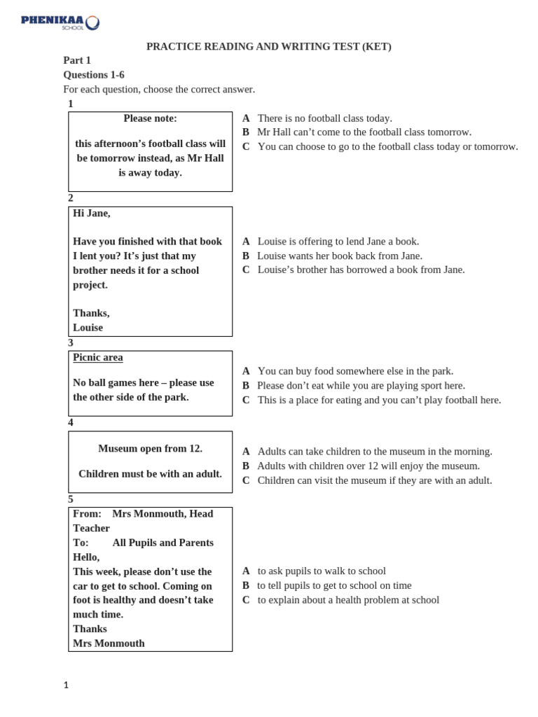 KET Reading and Writing Practice Test | PDF