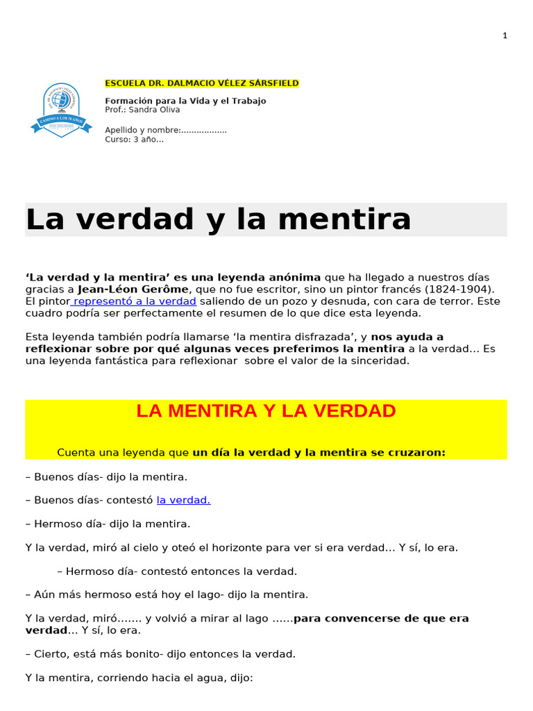 Cuento La Mentira y La Verdad - Tareas | PDF | Mentira