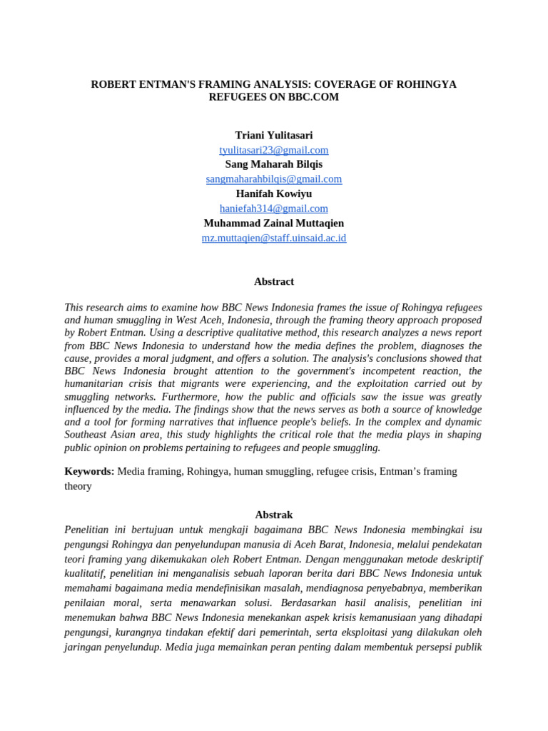 ROBERT ENTMAN'S FRAMING ANALYSIS COVERAGE OF ROHINGYA REFUGEES ON BBC ...
