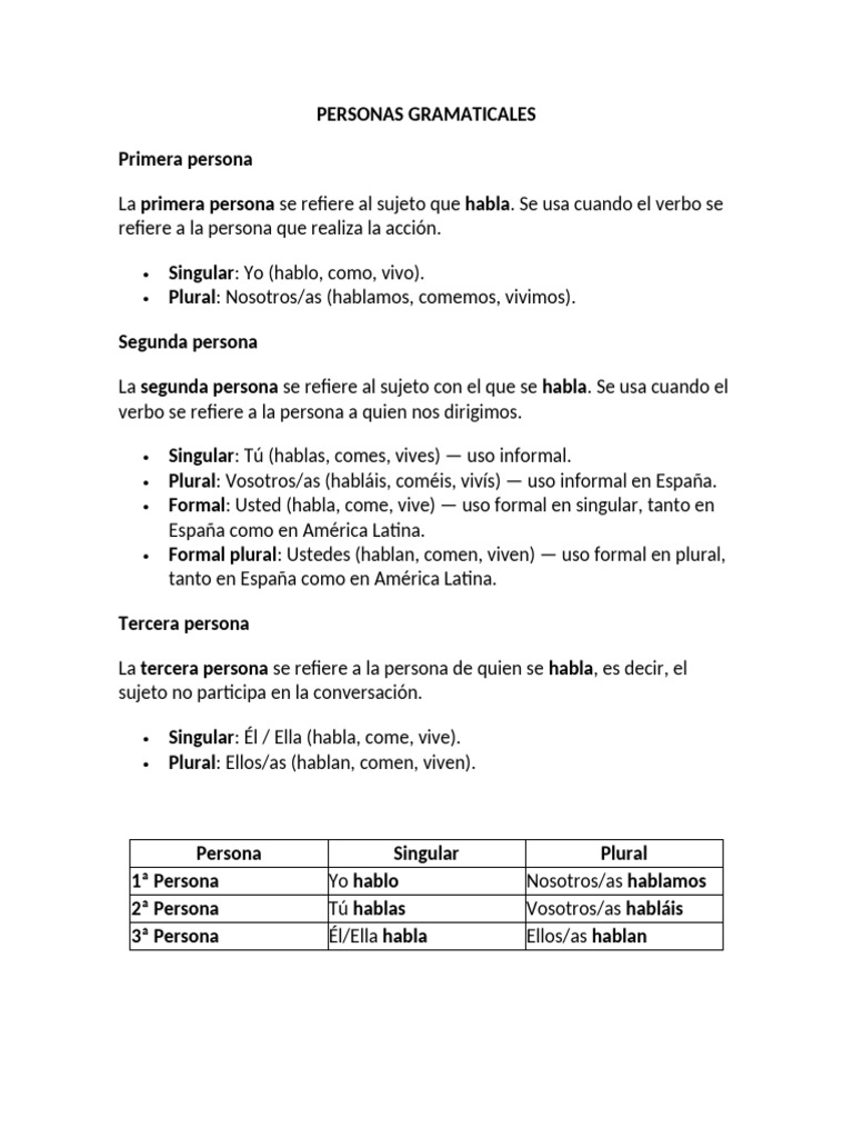 Personas Gramaticales en Español | PDF | Verbo | Plural
