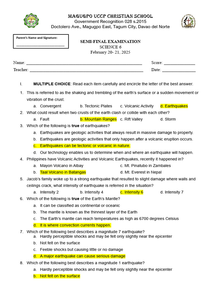 Science 4 5 6 Semi Final Examination Answer Key | PDF | Volcano | Water