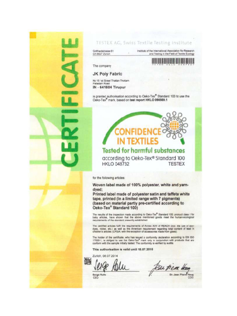 06. JK Poly Fabric Certificate | PDF