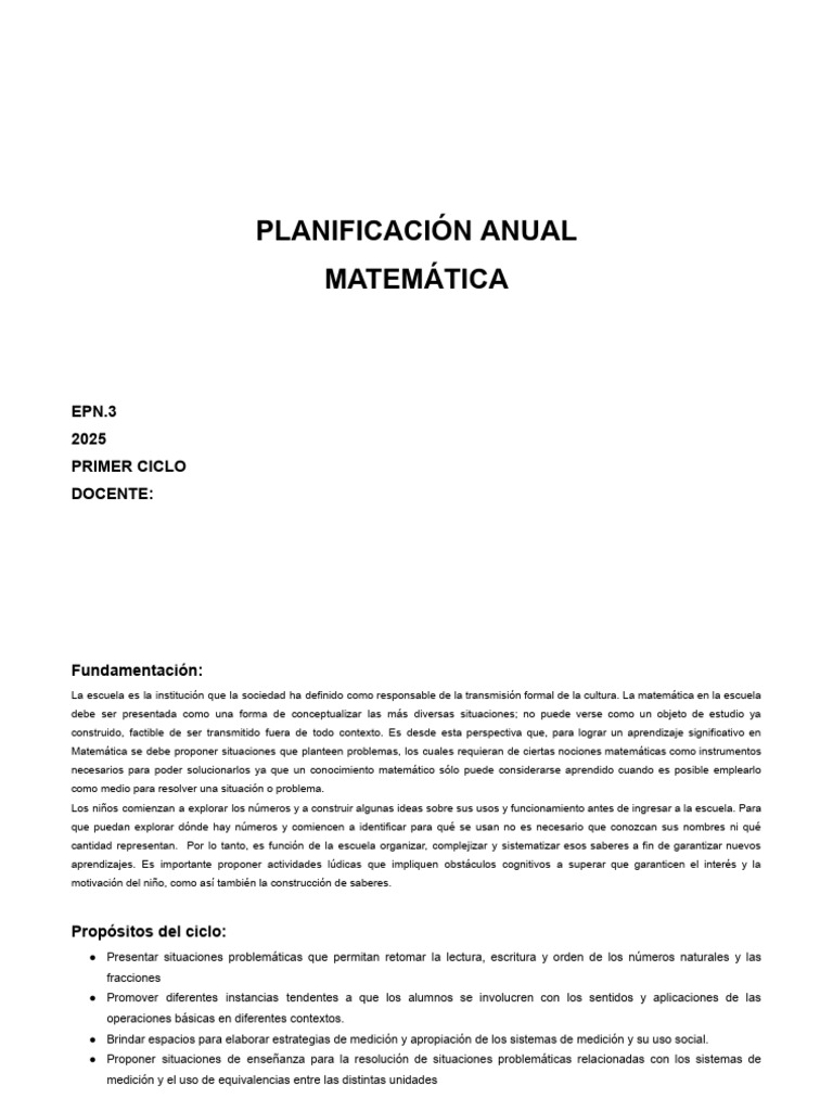 PLANIFICACION Anual MATEMATICA - 2025 - EP3 - Primer Ciclo | PDF | División (Matemáticas ...