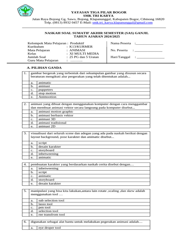 Soal Sas Ganjil Animasi | PDF