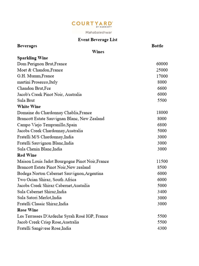 Event Beverage List CYM | PDF | Rose | Wine