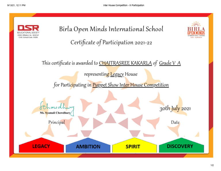 Puppet Show Competition Certificate 2021 | PDF