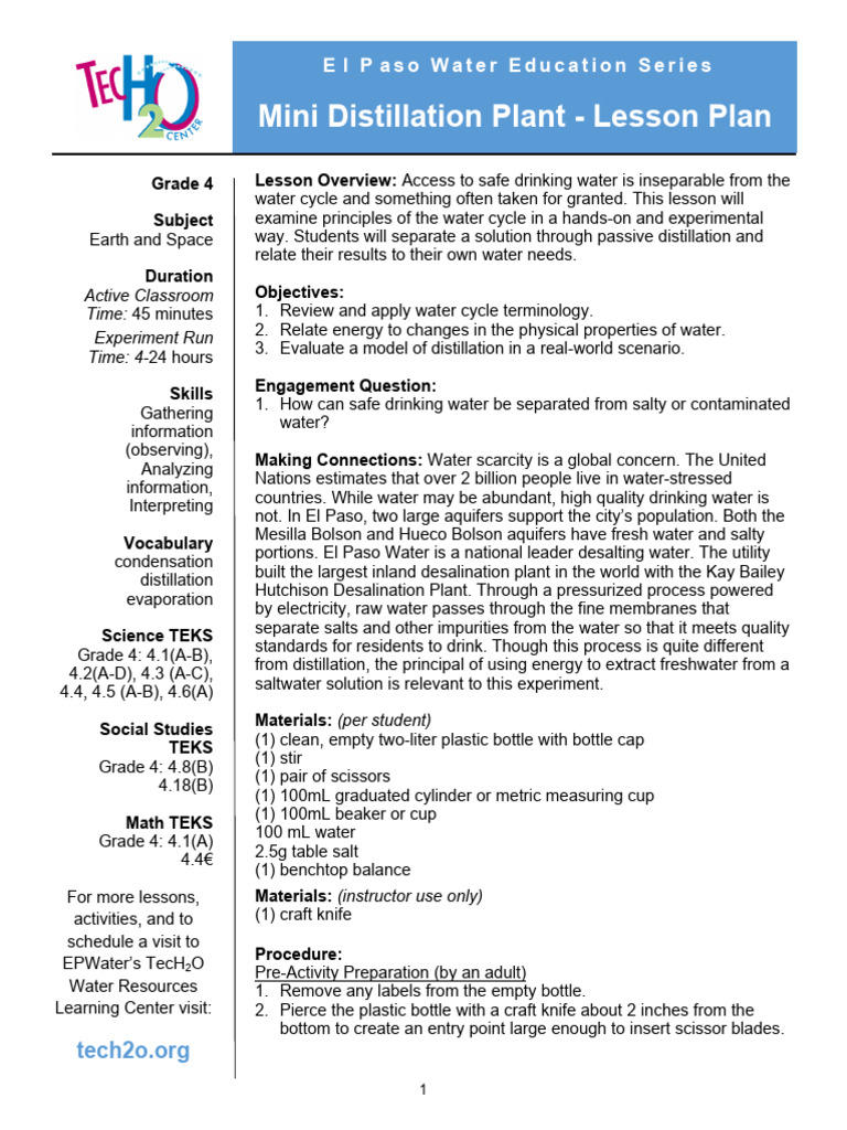 Mini Distillation Plant Lesson Plan & Worksheets_Eng&Span | PDF | Water ...