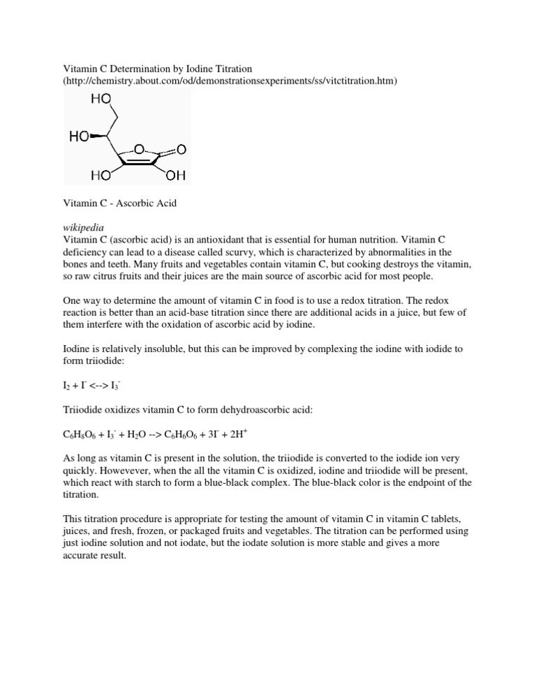 Vitamin C Determination by Iodine Titration | PDF