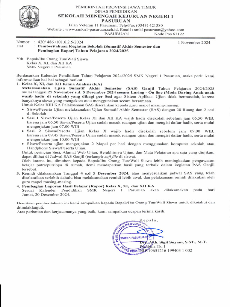 Surat Edaran PAS pemberitahuan Ortu - 2024-2025 | PDF