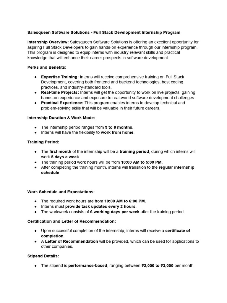 Salesqueen Software Solutions - Full Stack Development Internship Program | PDF | Internship ...
