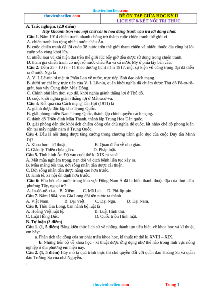 De On Tap Giua HK2 Lich Su 8 KNTT | PDF