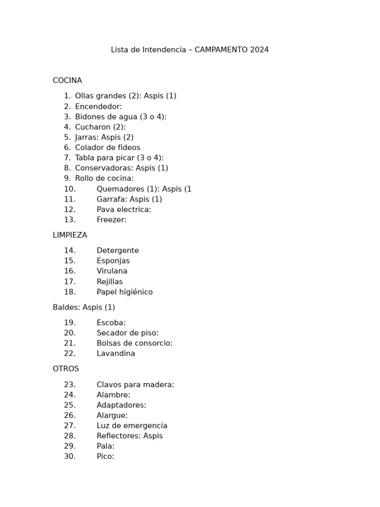 Lista de Intendencia Campamento 2024 | PDF