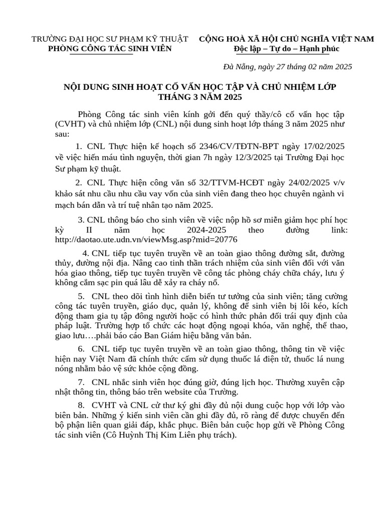 Nội Dung Sinh Hoạt GVCN T03-2025 | PDF