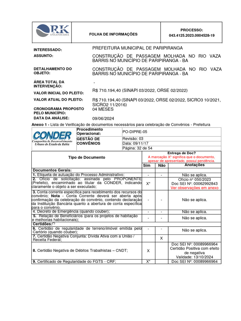 Informacao para Processo 00091686526 CHECKLIST PO DIPRE 05 PARIPIRANGA ...