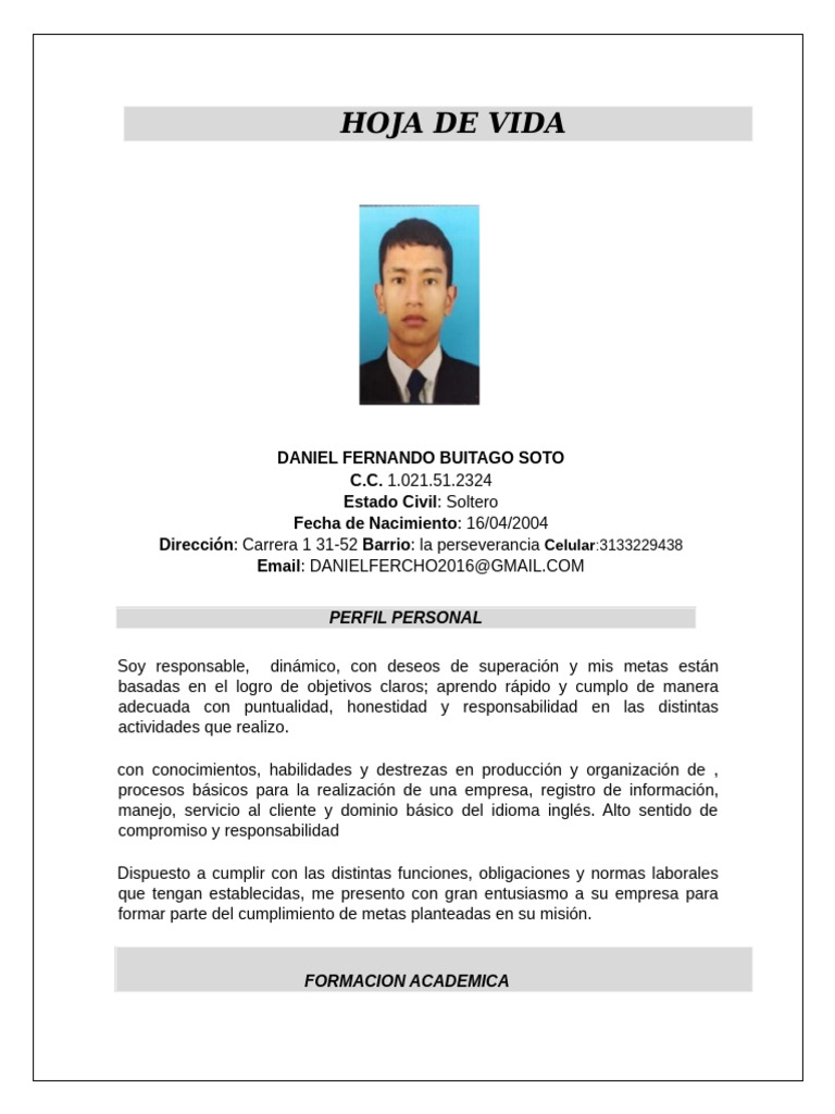 Hoja de Vida de Daniel Buitago Soto | PDF