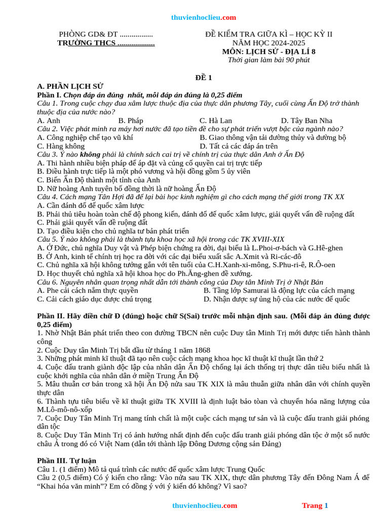 De Kiem Tra Giua HK2 Lich Su 8 Canh Dieu Nam 24 25 | PDF