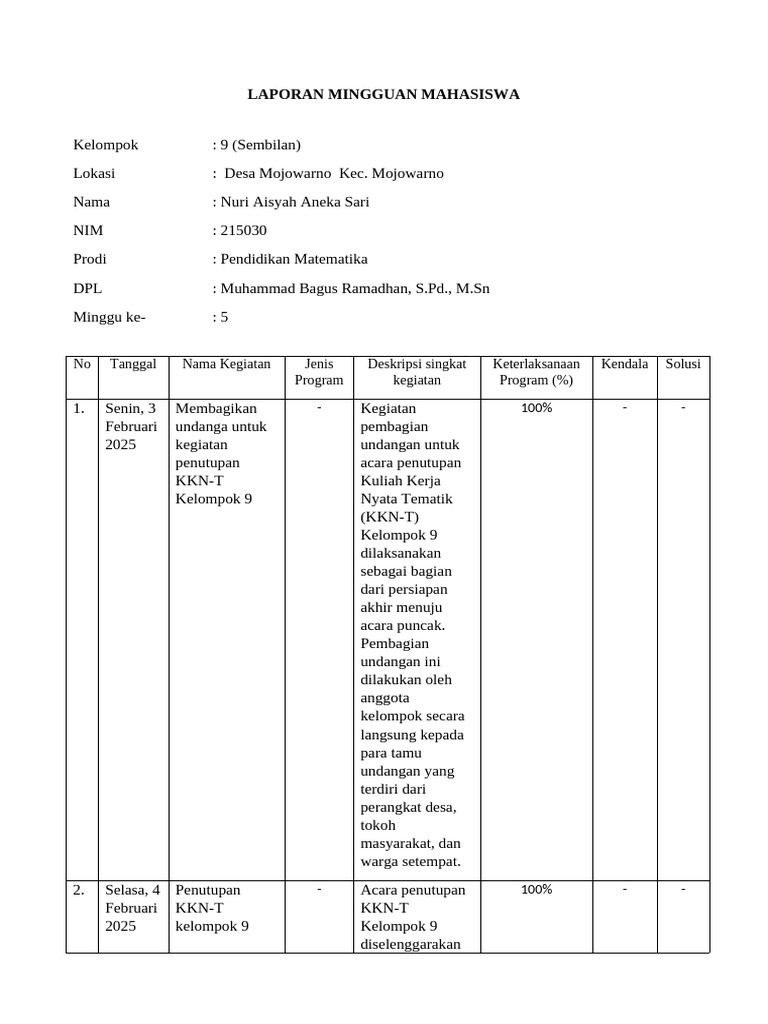 Laporan Kegiatan KKN Tematik Minggu Ke 5 | PDF