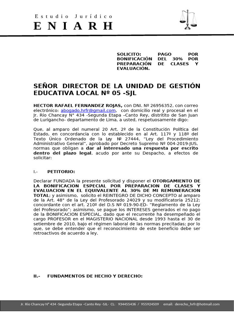 Solicito Pago Por Bonificacion Del 30 Por Preparacion de Clases y Evaluacion | PDF | Caso de ley ...