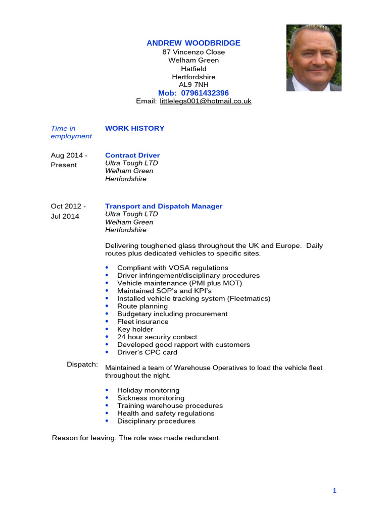 Andy CV Apr 2018 With Pic | PDF | Transport
