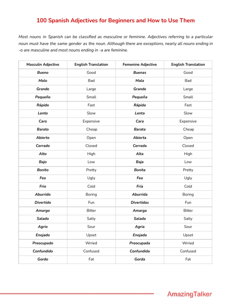 100 Spanish Adjectives PDF 1 | PDF | Vocabulary | Language Mechanics