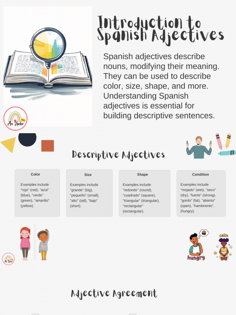 AdjectivesinSpanishactivitiesShortlessonondescriptiveadjectives 1 | PDF