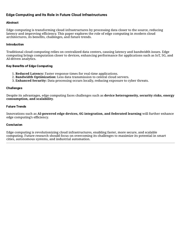 Edge Computing and Its Role in Future Cloud Infrastructures: Reduced Latency: Bandwidth ...