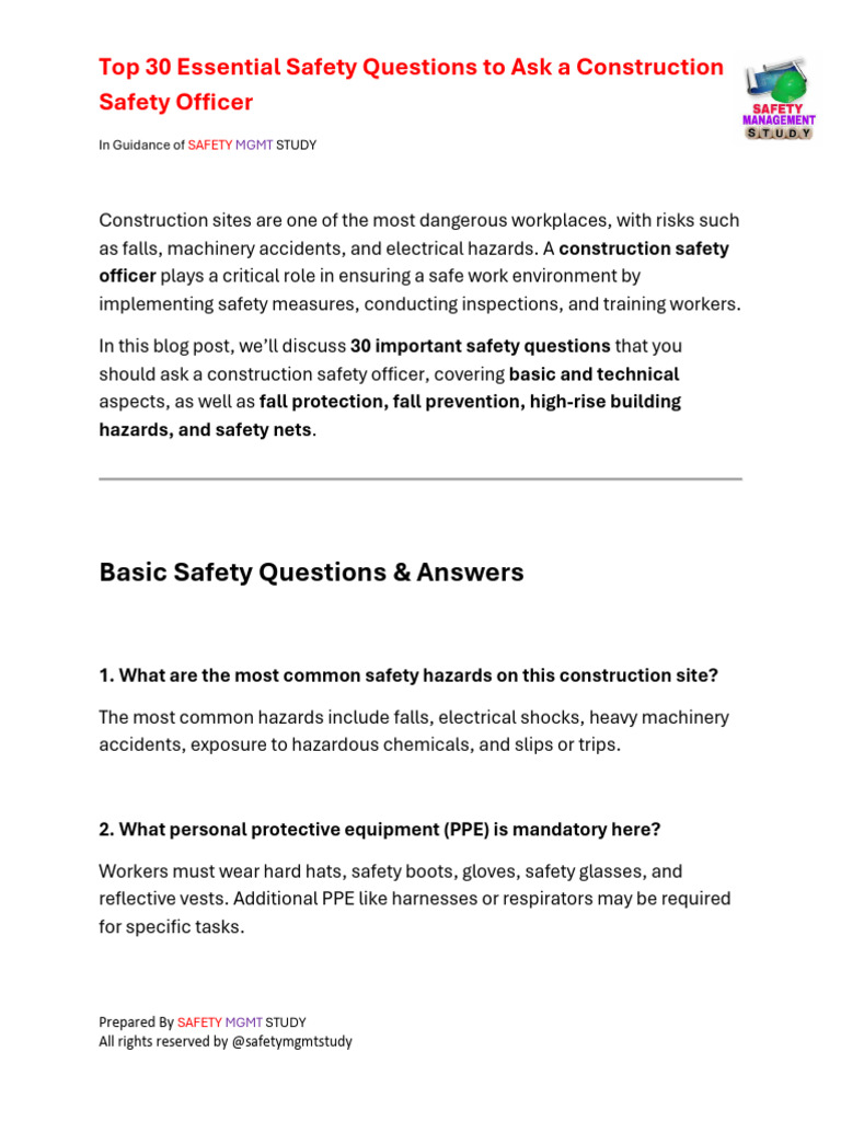 Safety Offcier Interview Questions (Construction Site) | PDF | Personal ...