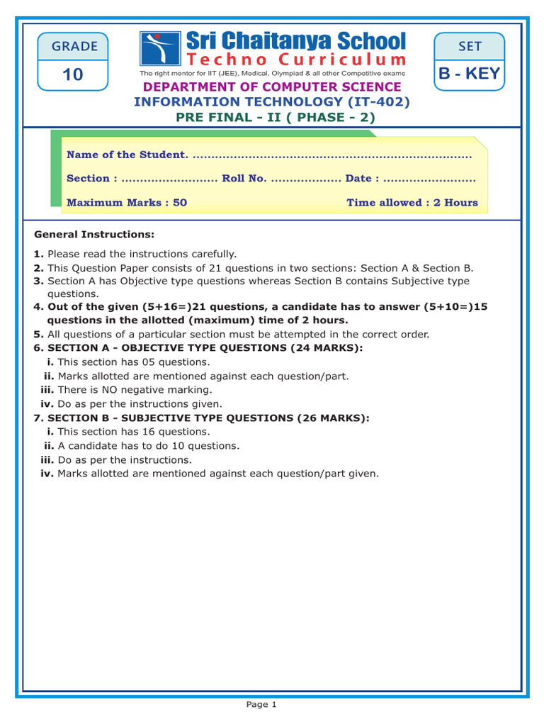 Grade 10-IT-Phase-II Prefinal 2 (Set B) - Key | PDF | Databases | Table (Database)