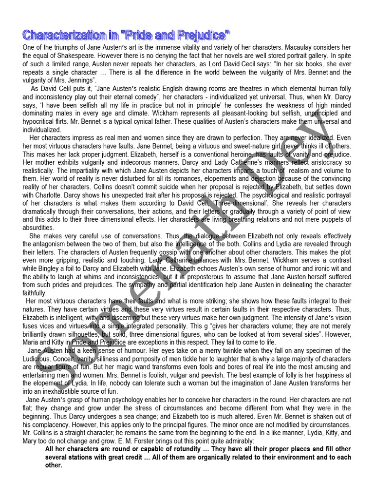 Art of Characterization in Pride and Prejudice | PDF | Pride And ...